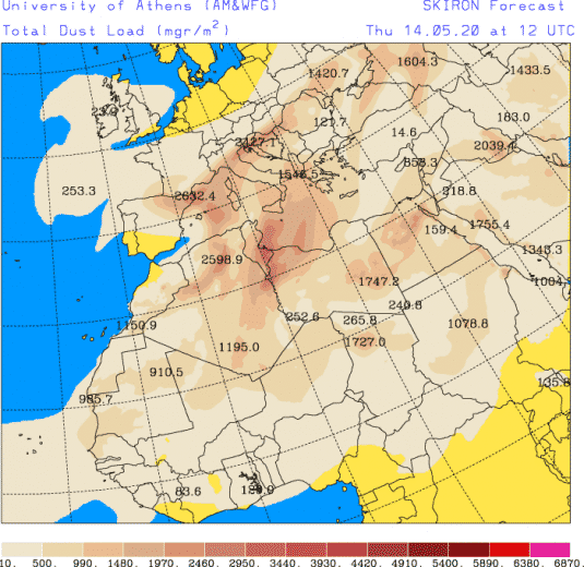 Saharan dust load over south-central Europe, also towards UK and Ireland
