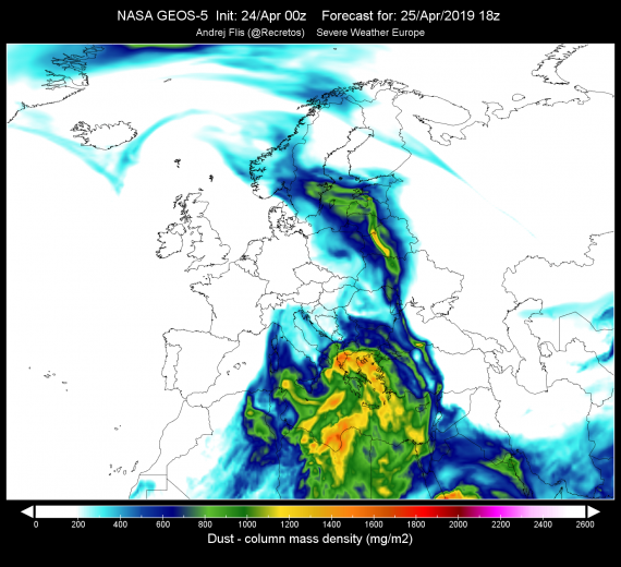 Extent of airborne Saharan dust over Europe on Wednesday and Thursday ...