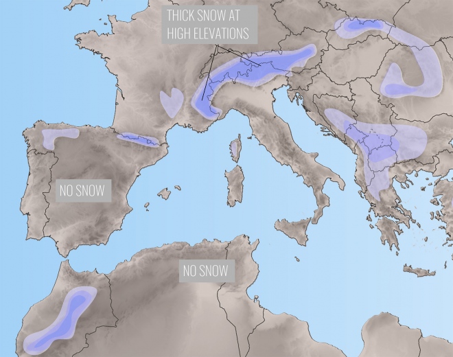 Christmas day snow cover across Europe - probability of snow coverage ...