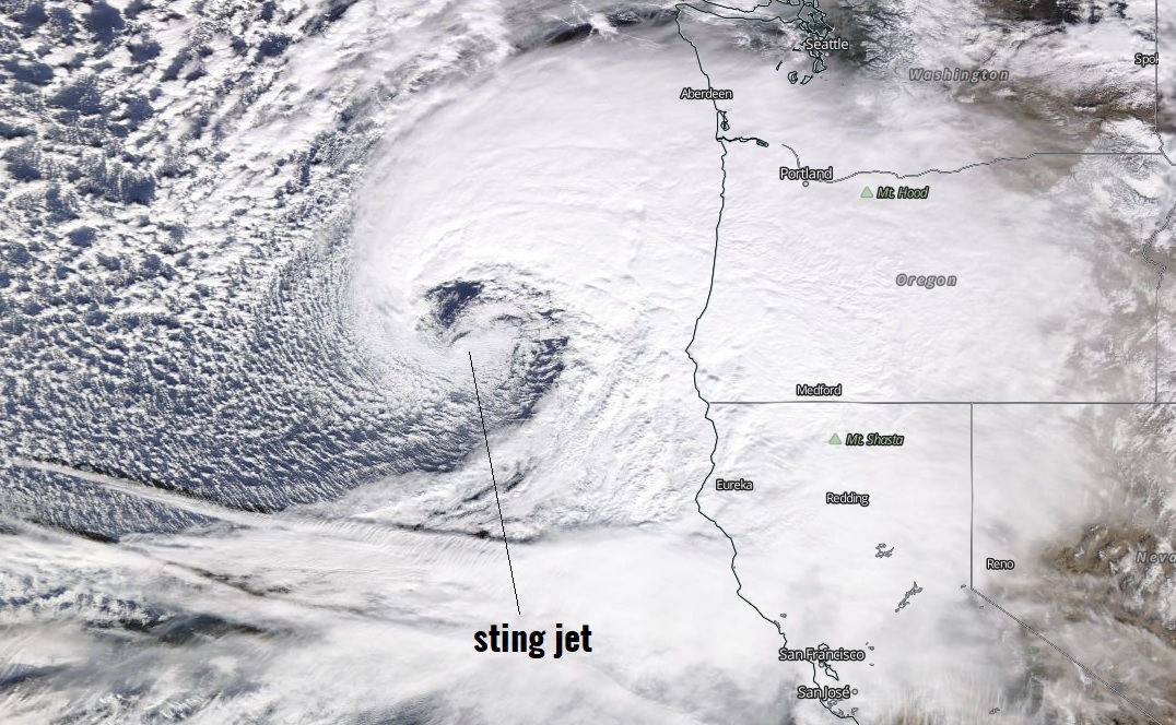 A powerful deep cyclone with a pronounced sting jet along the NW USA ...