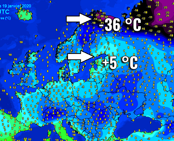 An extreme 40+ degrees temperature difference over Scandinavia - around ...