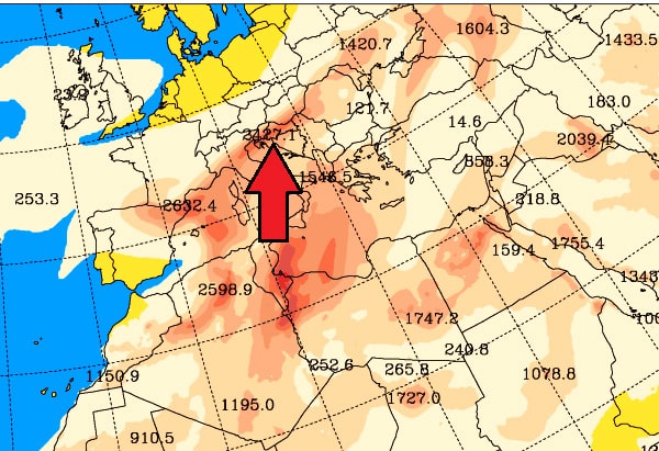 Saharan dust load over south-central Europe, also towards UK and Ireland