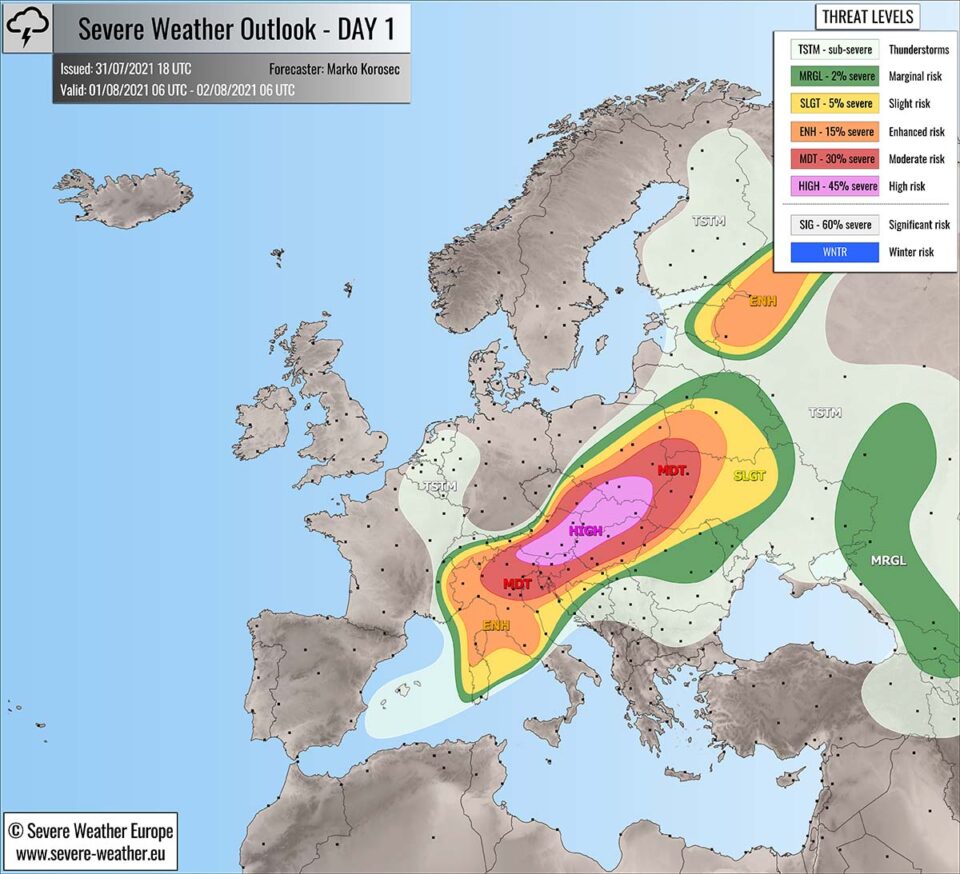 Severe Weather Forecast / Outlook for Europe - August 1st, 2021